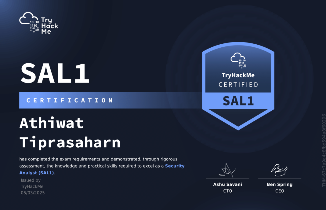 รีวิวจากมุมมองคนนอกวงการ - สอบ Security Analyst Level 1 (SAL1) เซอร์ใหม่จากค่าย TryHackMe สอบฟรี ...
